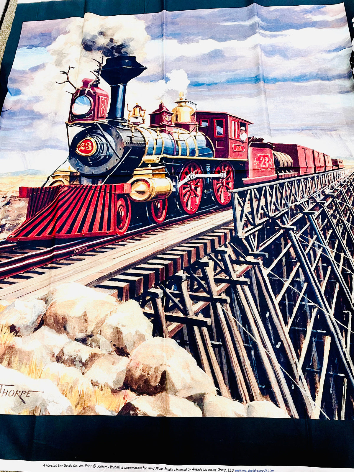 Wyoming locomotive steam engine trestle cotton panel wind River studio ...